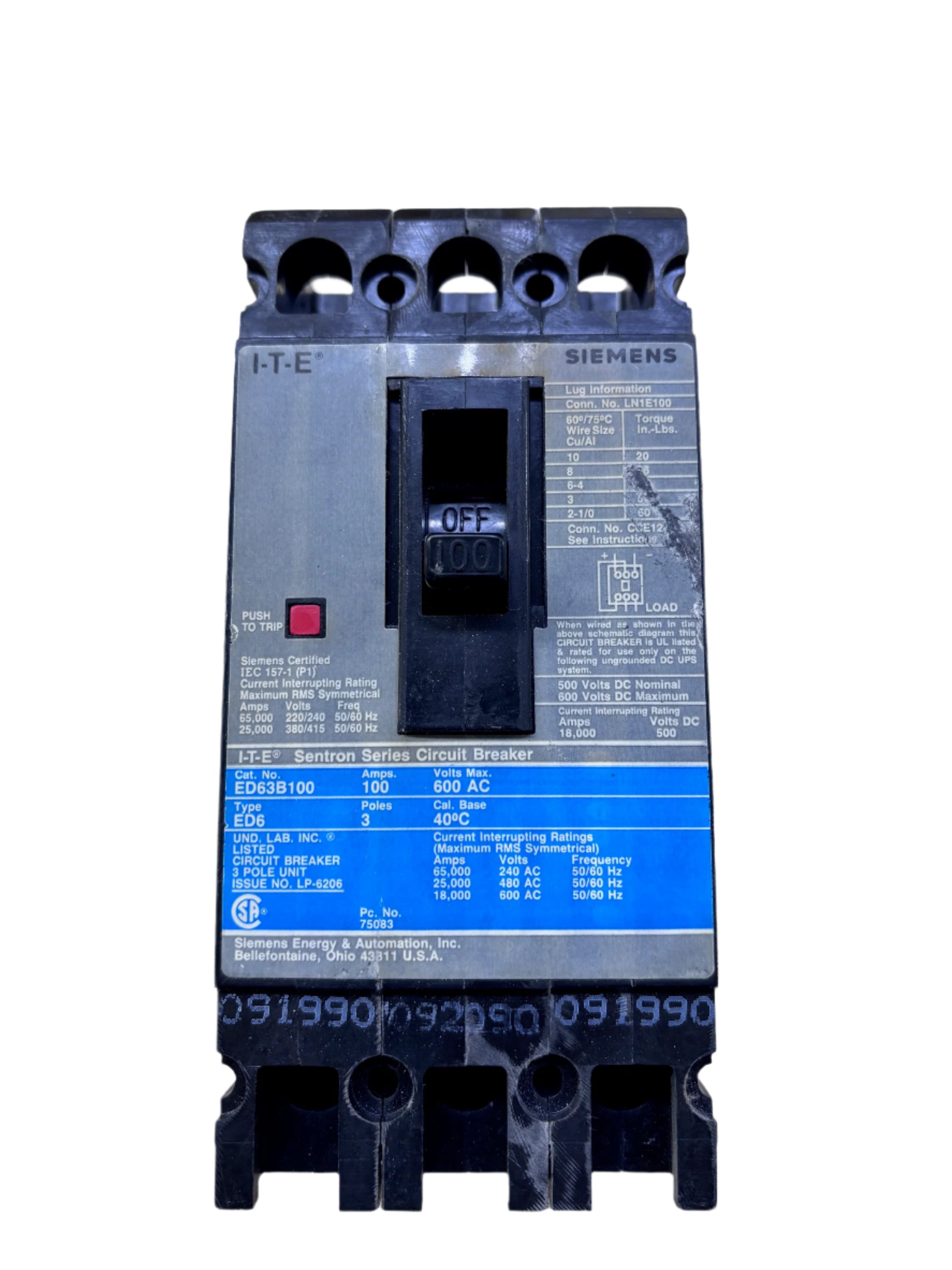 ED63B100 100 AMP SIEMENS CIRCUIT BREAKER 600V USED