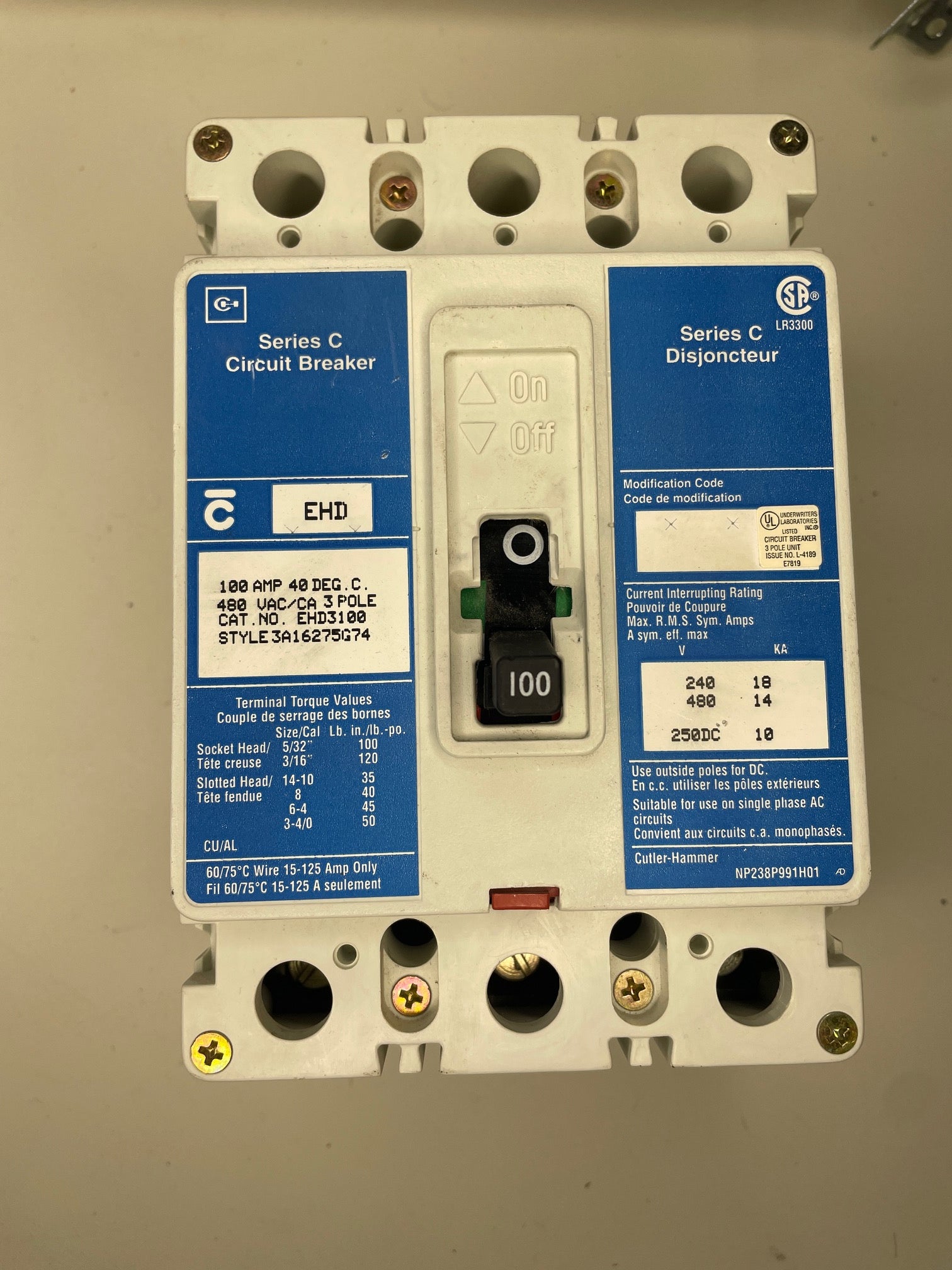 EHD3100 100AMP EATON, CUTLER HAMMER BREAKER